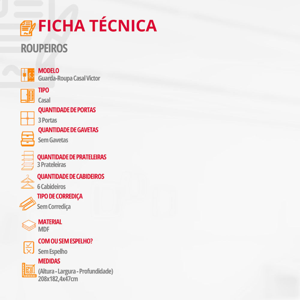 Guarda Roupa Victor em MDF com 3 Portas e 6 Cabideiros Moderna - baianao